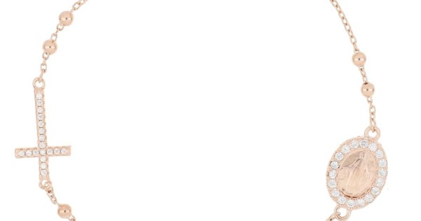 Bracciale rosario rosè in argento 925 croce e madonnina con zirconi